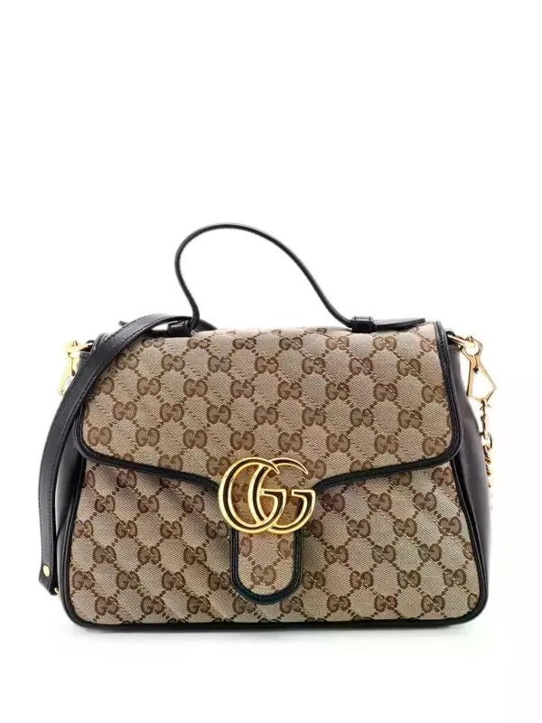 Gucci Gg Marmont Top Handle Flap Bag Diagonal Quilted Gg Canvas With Leather Small Satchel - Black