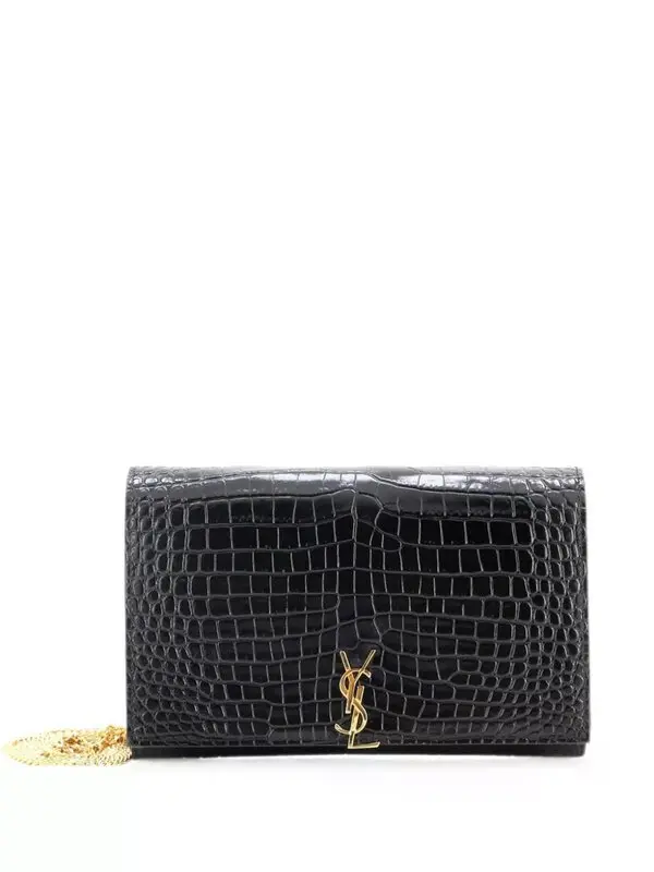 Saint Laurent Crocodile Embossed Leather Monogram Flap Wallet