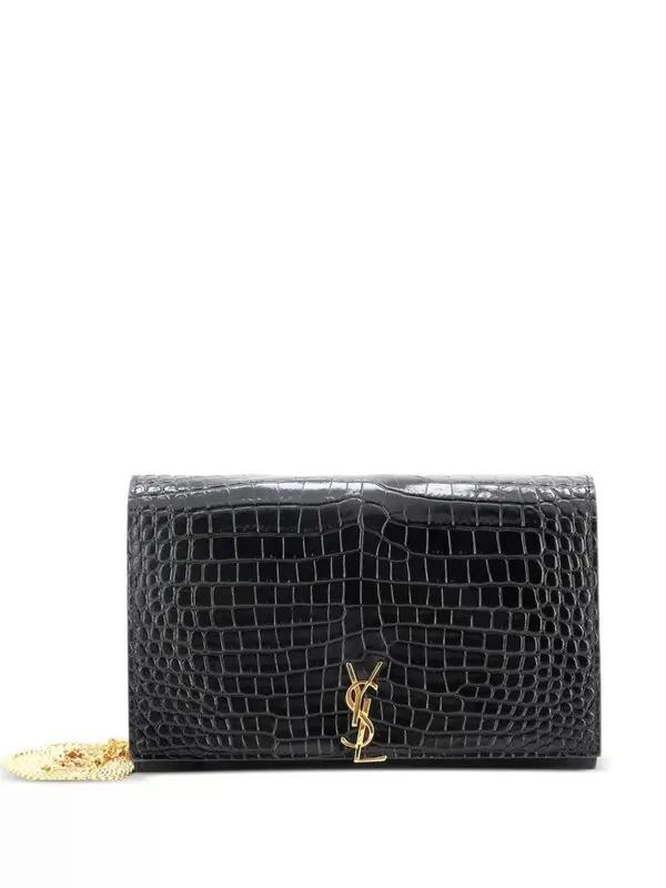 Saint Laurent Classic Monogram Flap Chain Wallet Crocodile Embossed Leather Clutch Bag - Black