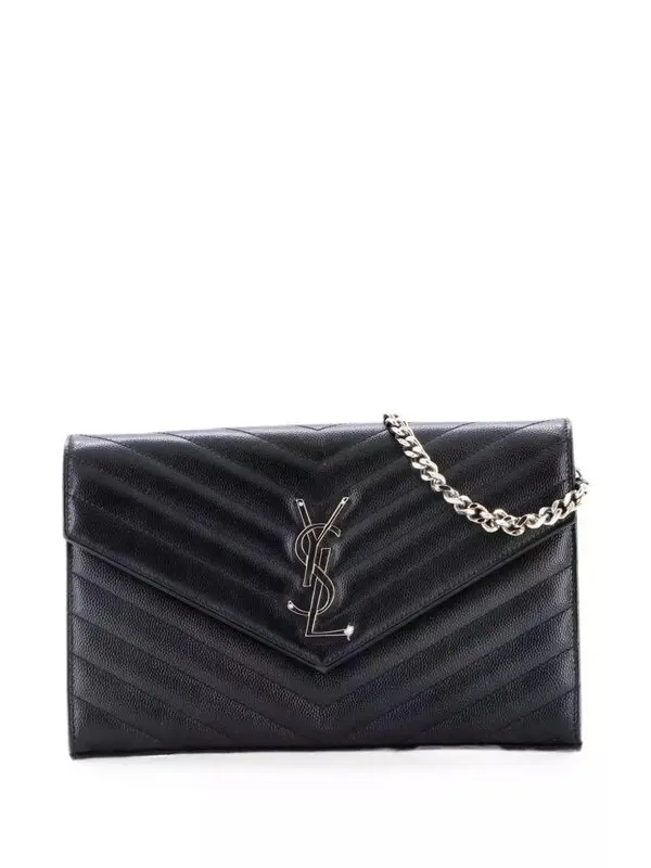 Saint Laurent Classic Monogram Wallet On Chain Matelasse Chevron Leather Medium Crossbody Bag - Black
