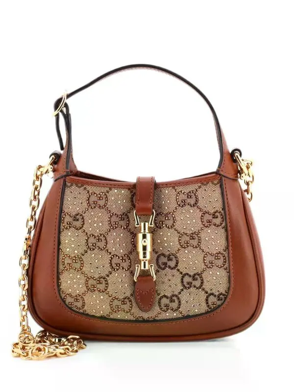 Gucci Jackie 1961 Chain Crystal Embellished Gg Canvas Mini Hobo Bag - Brown