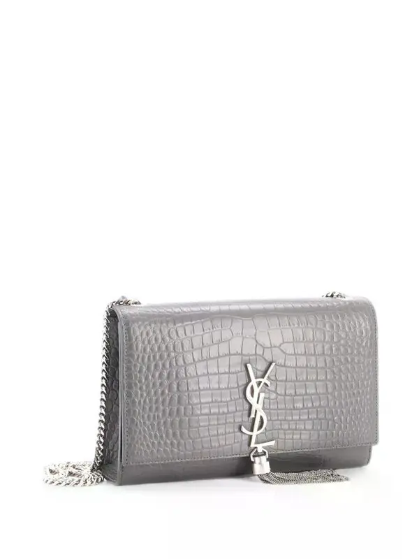 Saint Laurent Monogram Tassel Crocodile Embossed Leather Medium Crossbody Bag