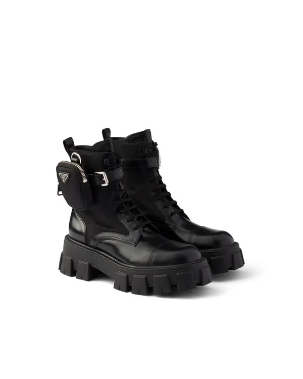 Prada Monolith Leather And Re-nylon Combat Boots With Pouch
