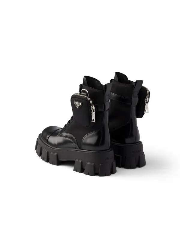 Prada Monolith Leather And Re-nylon Combat Boots With Pouch