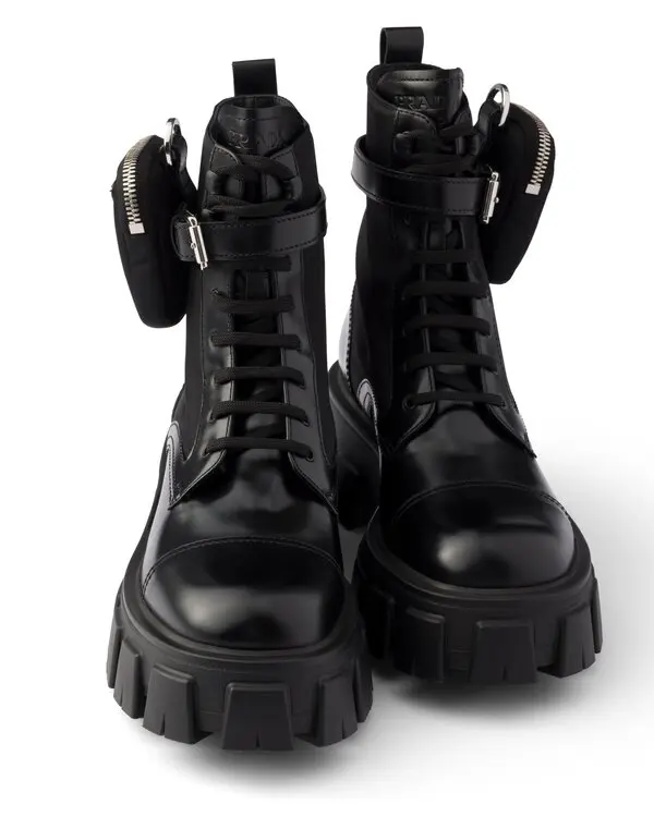 Prada Monolith Leather And Re-nylon Combat Boots With Pouch