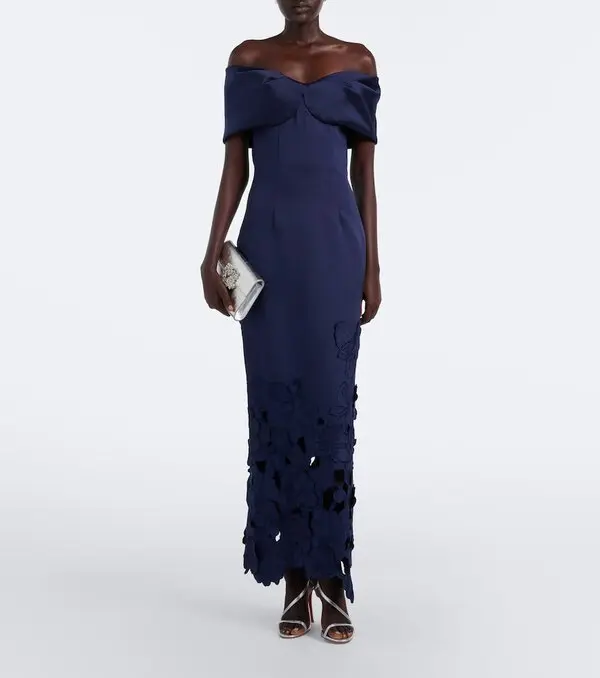 Costarellos Off-shoulder Satin Midi Dress With Appliqu