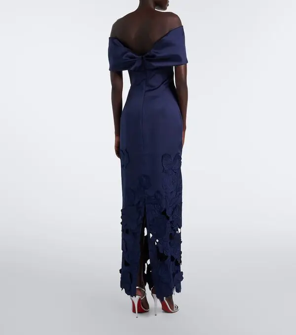 Costarellos Off-shoulder Satin Midi Dress With Appliqu