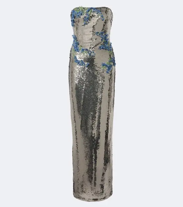 Monique Lhuillier Floral-applique Sequined Bustier Gown - Silver