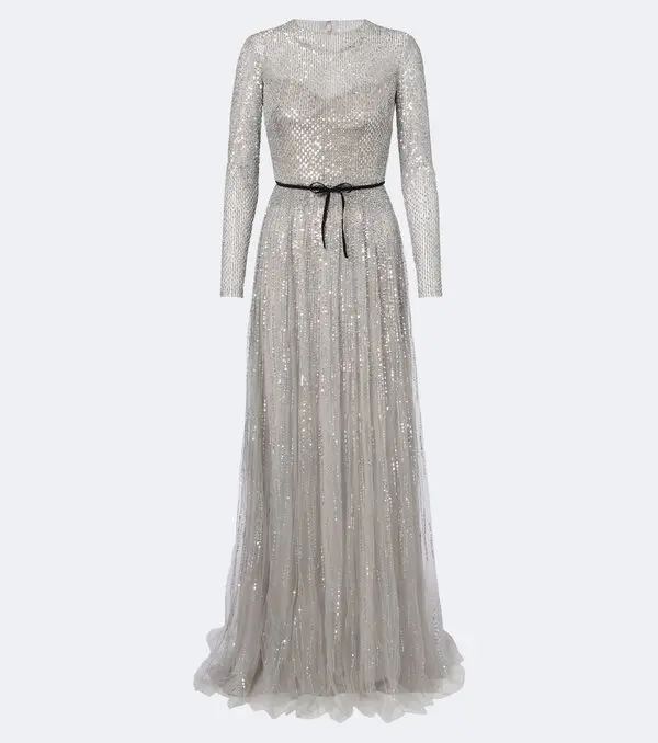 Monique Lhuillier Bow-detail Sequined Tulle Bustier Gown - Silver