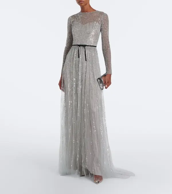 Monique Lhuillier Bow-detail Sequined Tulle Gown