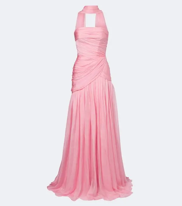 Monique Lhuillier Scarf-detail Draped Silk Bustier Gown - Pink