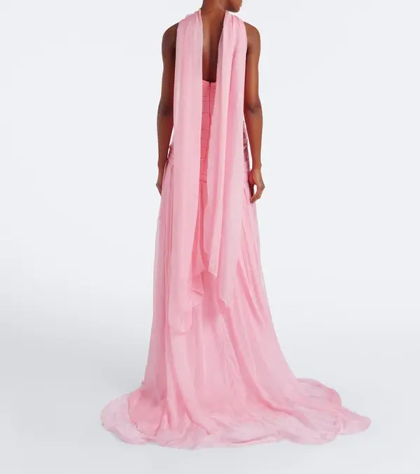 Monique Lhuillier Draped Silk Bustier Gown With Scarf Detail