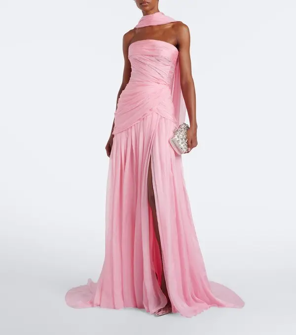 Monique Lhuillier Draped Silk Bustier Gown With Scarf Detail