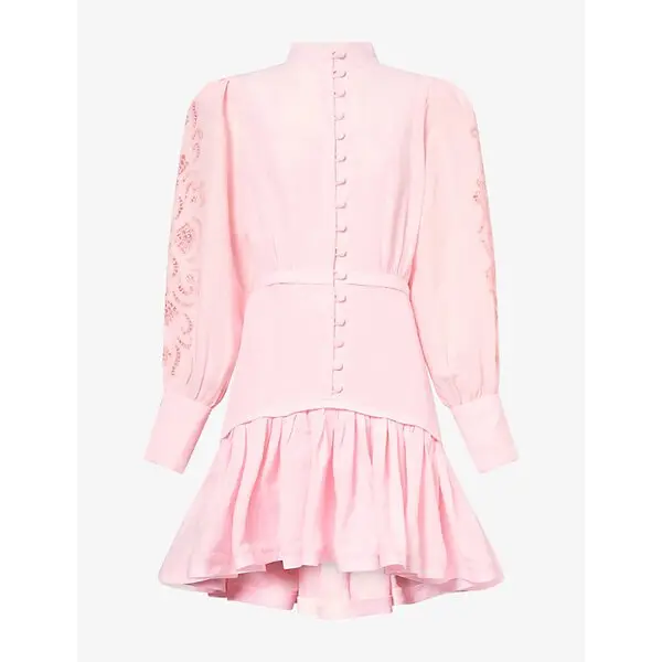 Mona Alshebil Embroidered-sleeve Drop-waist Cotton Midi Dress - Pink