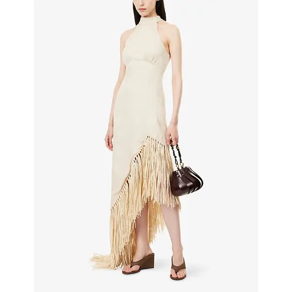 REBIRTH Fringed Asymmetric Woven Maxi Dress