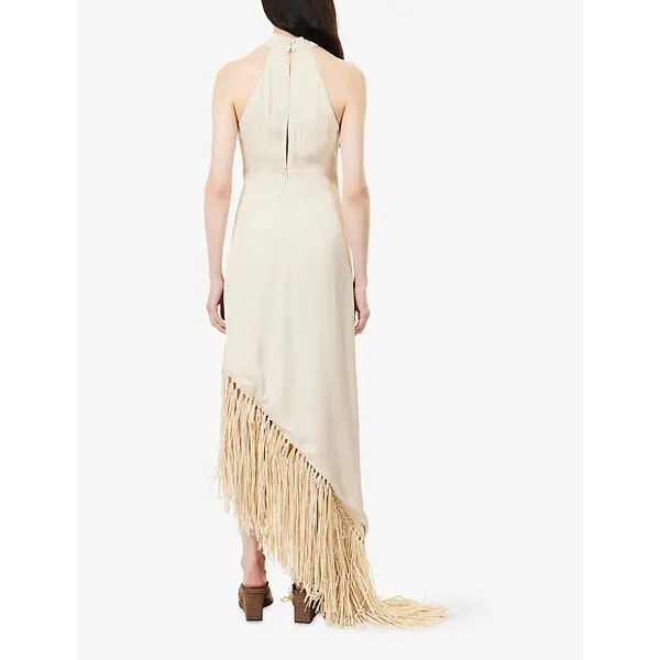 REBIRTH Fringed Asymmetric Woven Maxi Dress
