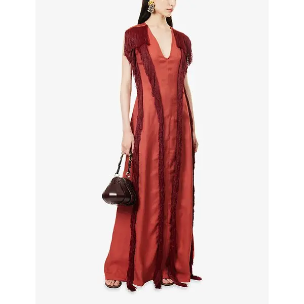 REBIRTH Sleeveless Fringed Woven Maxi Dress - Rust