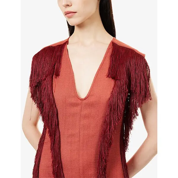 REBIRTH Sleeveless Fringed Woven Maxi Dress - Rust