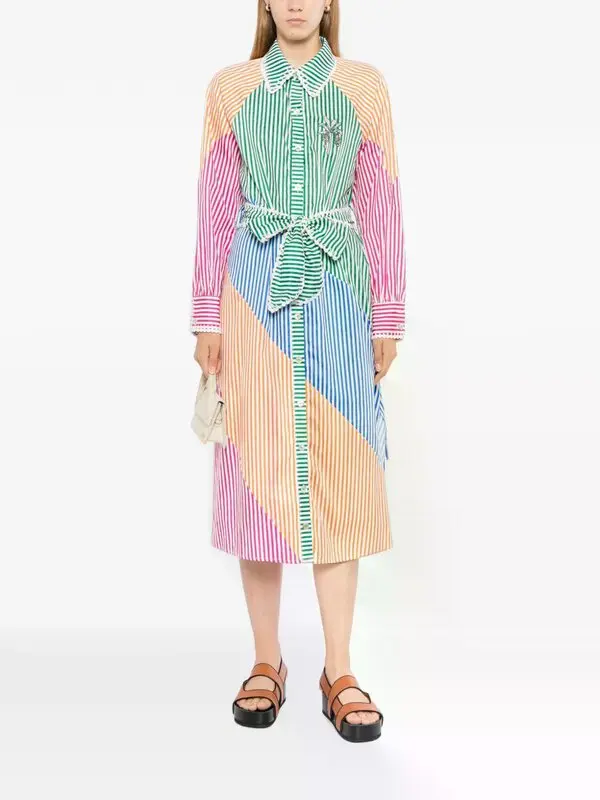 Farm Rio Striped Midi Shirt Dress With Embroidery And Scalloped Trim - White