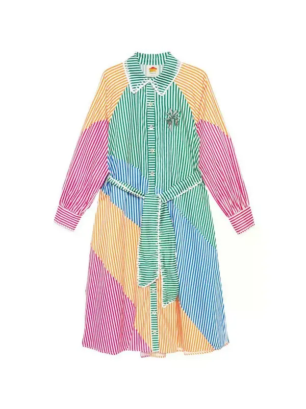 Farm Rio Striped Midi Shirt Dress With Embroidery And Scalloped Trim - White