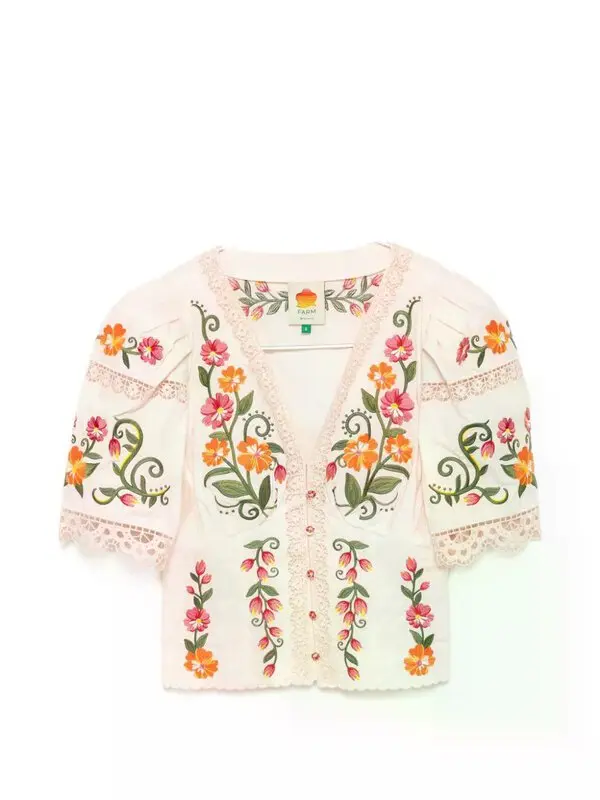 Farm Rio Flower Embroidered Puff-sleeve Blouse - Pink
