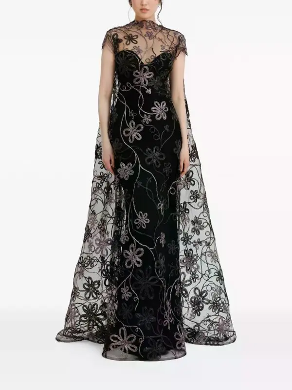 GEMY MAALOUF Cape-back Floral-embroidered Gown - Black