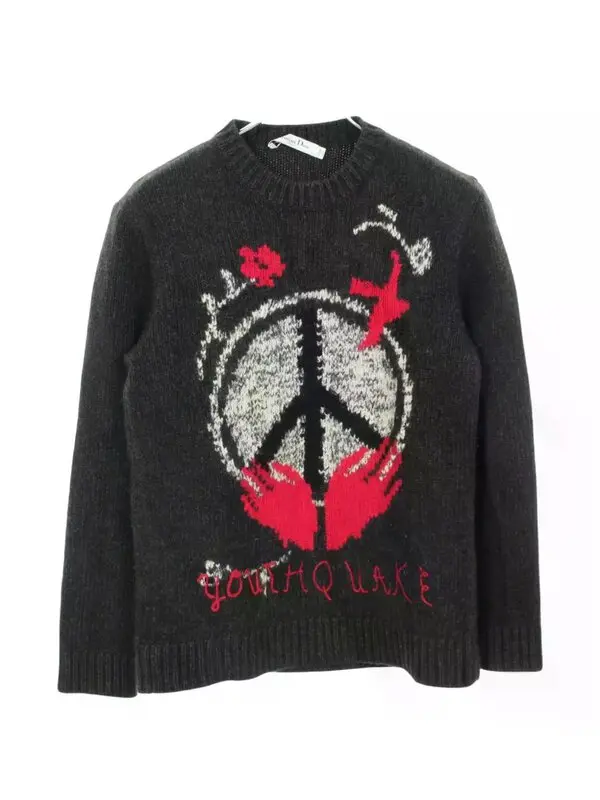 Dior Intarsia Knit Crew Neck Long Sleeve Sweater - Grey