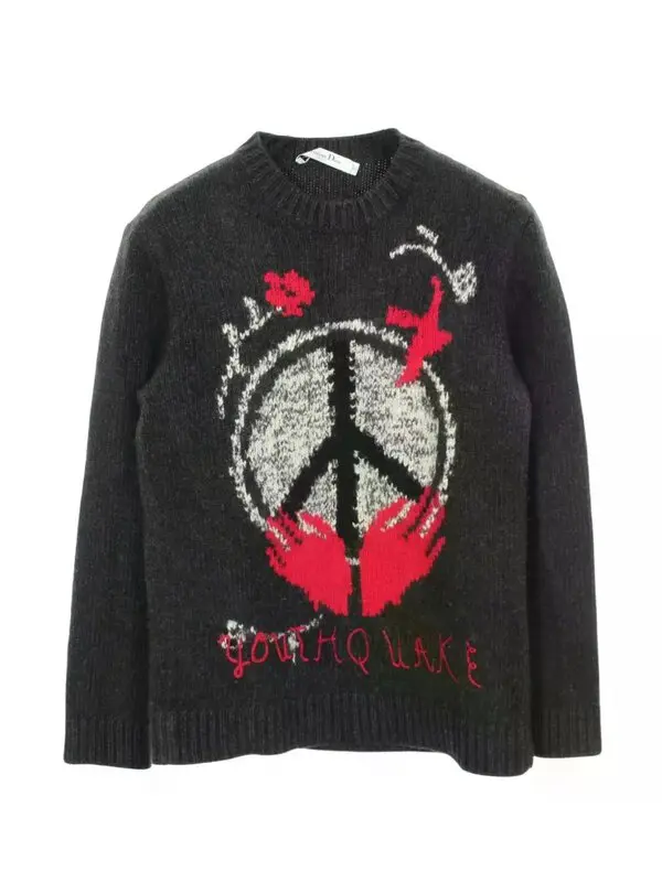 Dior Intarsia Knit Crew Neck Long Sleeve Sweater - Grey