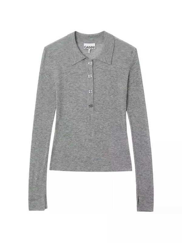 GANNI Crystal-embellished Ribbed-knit Top - Grey