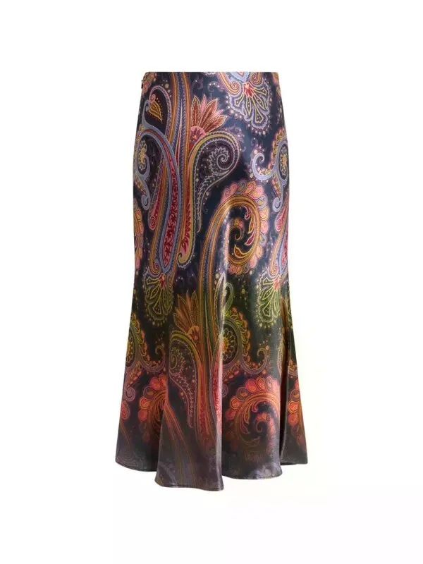Etro Envers Satin Midi Skirt With Placed Degradé Paisley Print - Blue