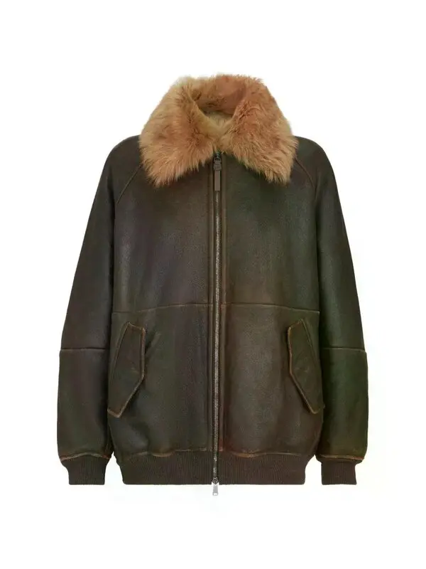 Brunello Cucinelli Vintage-effect Shearling Bomber Jacket With Shiny Zipper Pull