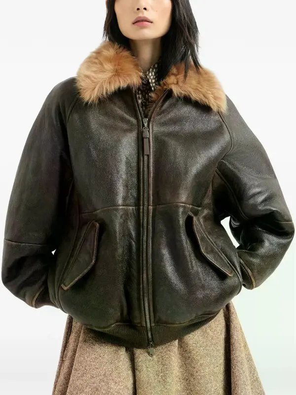 Brunello Cucinelli Vintage-effect Shearling Bomber Jacket With Shiny Zipper Pull
