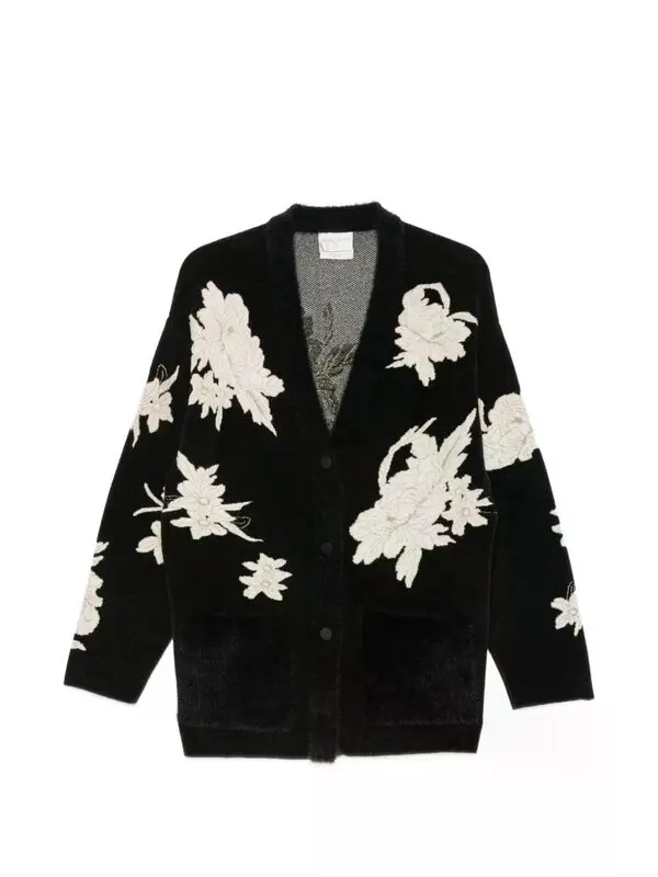 FORTE_FORTE Floral Embroidered Brushed Texture Cardigan Jacket - Black