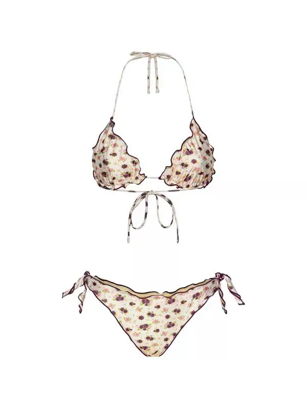 ME FUI Floral-print Ruffled Bikini - Neutrals