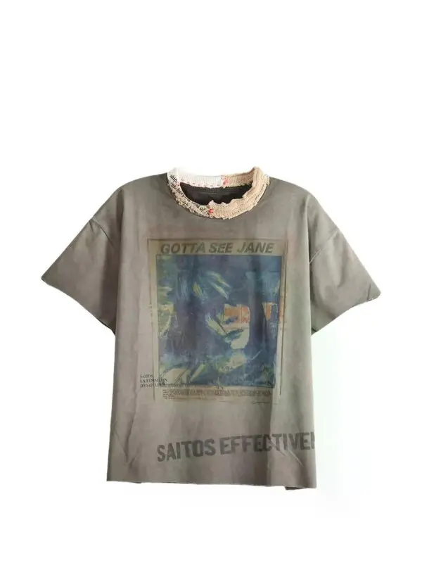 SAITOS See Jane Graphic-print Distressed-neck T-shirt - Grey