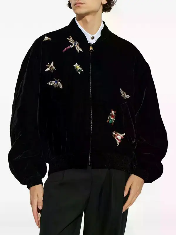Balmain Velvet Bomber Jacket With Insect Appliqués