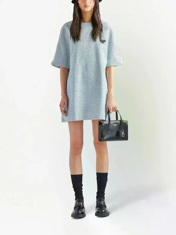 Prada Striped Short-sleeve Denim Dress