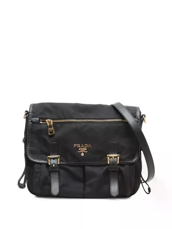 Prada 2013-2026 Saffiano Trimmed Tessuto Zip Double Buckle Messenger Bag Crossbody Bag - Black