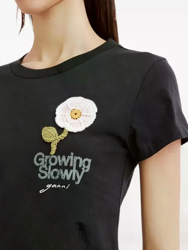 GANNI Crochet-patch Logo-print T-shirt