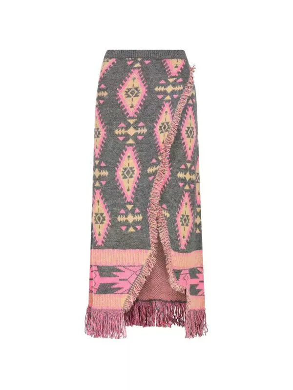 COLOUR MARKET Geometric-pattern Fringed Maxi Skirt - Grey