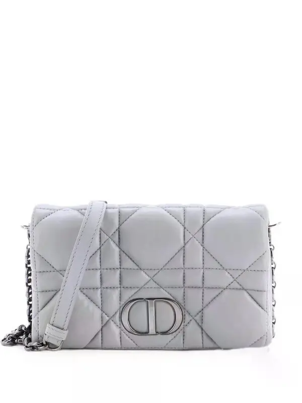 Dior Caro Flap Pouch With Chain Macrocannage Quilt Calfskin Mini Crossbody Bag - Grey