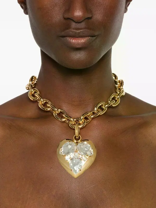 Alessandra Rich Crystal Embellished Heart Pendant Necklace - Gold