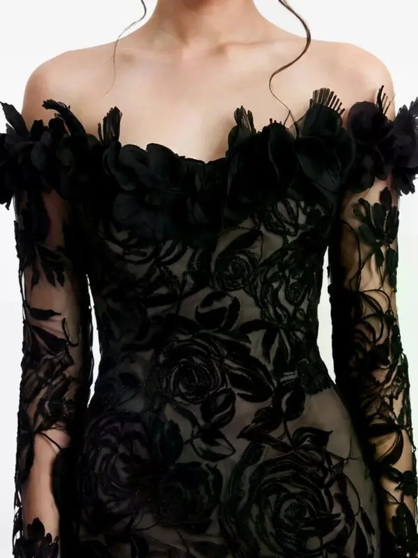 GEMY MAALOUF Floral-lace Feathered Gown