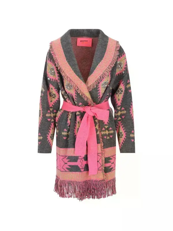 COLOUR MARKET Geometric Pattern Fringed Cardigan With Crystal Embellishment - Grey