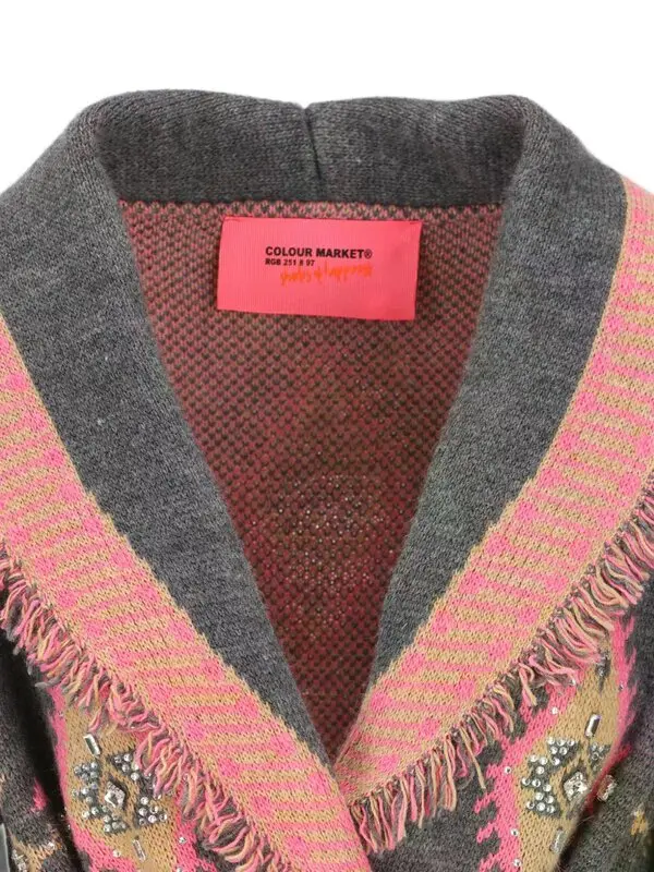 COLOUR MARKET Geometric Pattern Fringed Cardigan With Crystal Embellishment