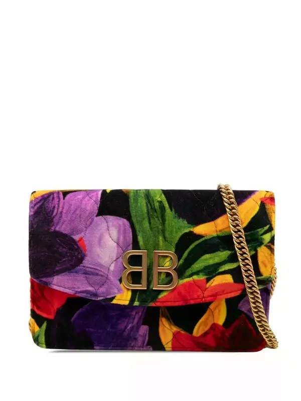 Balenciaga 2000-2026 Velvet Bb Floral Print Wallet On Chain Crossbody Bag - Black
