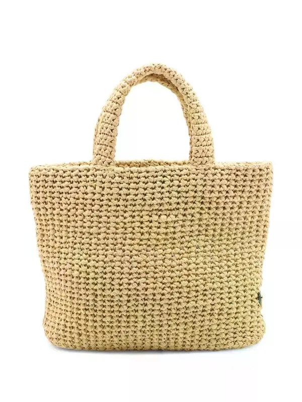 Prada 2013-2026 Small Raffia Effect Crochet Embroidered Logo Tote Bag
