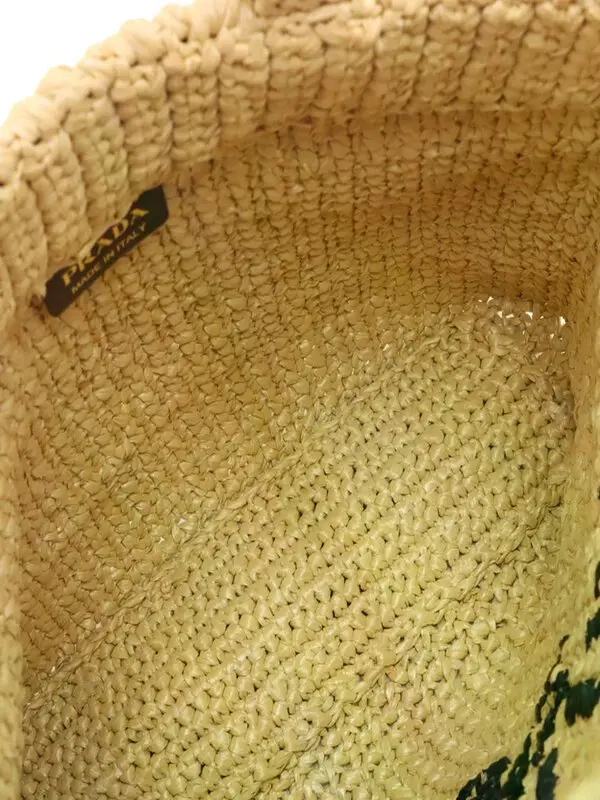 Prada 2013-2026 Small Raffia Effect Crochet Embroidered Logo Tote Bag