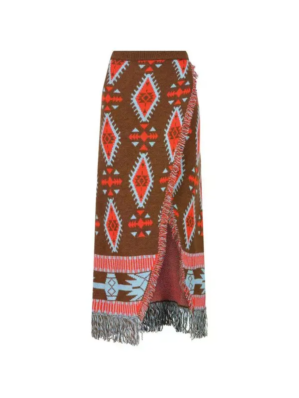 COLOUR MARKET Fringed Intarsia-knit Maxi Skirt - Brown