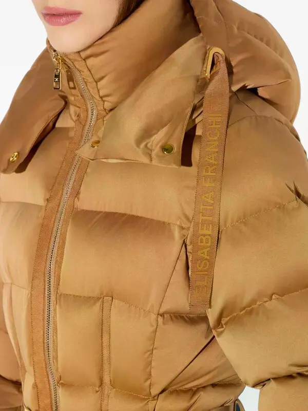 Elisabetta Franchi Down Jacket In Voile Fabric With Belt And Jewel Buckle